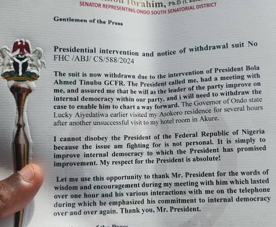 Ondo 2024: Senator Jimoh Ibrahim withdraws suit against APC, Aiyedatiwa - Thefrontrank